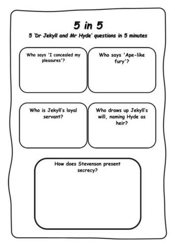 English Literature Dr Jekyll and Mr Hyde Starter Questions Worksheets PDF
