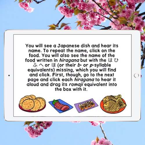 Learn Japanese hiragana through food ha hi fu he ho Boom Cards with audio