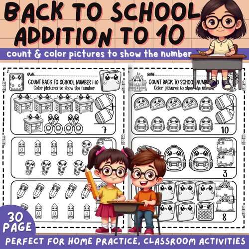 Back to School Supplies Addition Count and Color, within 10 Math ...
