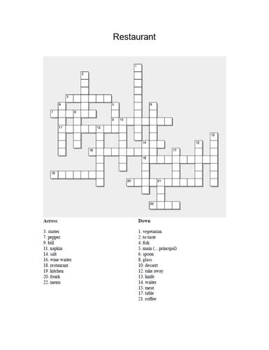 French Restaurant Vocabulary Crossword by Real Life Language | TPT