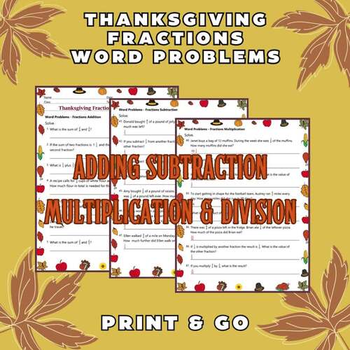 Thanksgiving Math Fractions Word Problems Addition and Subtraction 20 ...