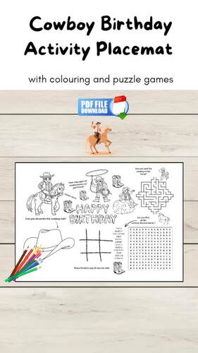 Cowboy Birthday Activity Sheet, Printable Coloring Party Page, Puzzle ...