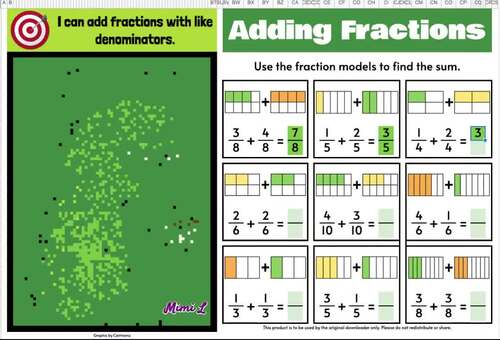 Add Fractions with Common Denominators Differentiated Pixel Art Activity