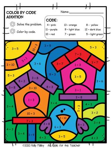 Spring Addition Color by Number 1st Grade Coloring Sheet by Kelly Malloy