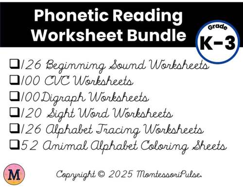 Phonics Worksheet Bundle - Beginning Sound, CVC Words, Digraphs & Sight ...