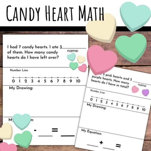 Valentine's Math Addition Subtraction Word Problems Candy Hearts