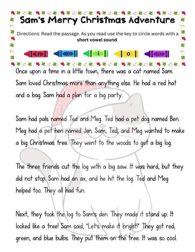 Christmas PHONICS fluency Passage CVC Short Vowels Write Color Cat ELA ...