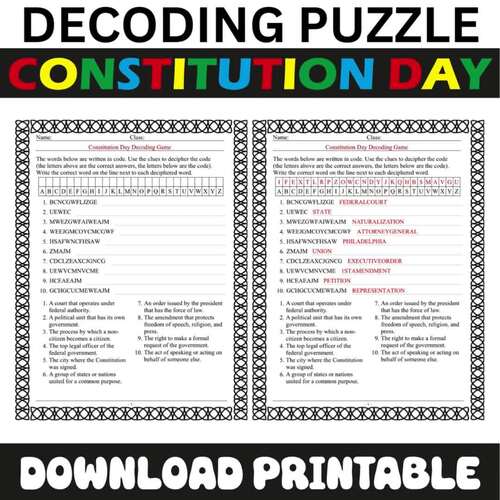 Constitution Day Decoding Puzzle Game | Citizenship Day Decoding Puzzle ...