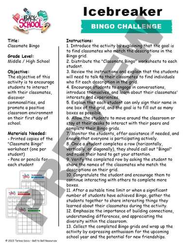 Back to School Icebreaker Game Templates: BINGO by Bell to Bell Resources