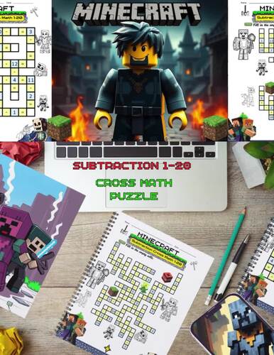 Cross Math Puzzle Part#3 : Subtraction 1-20 Worksheet with Minecraft Theme