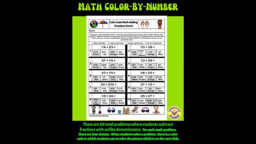 5th Grade Math-Summer Color-By-Number-Adding Fractions with Unlike ...