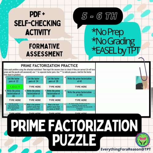 Prime Factorization Puzzle Art Self-checking Activity + PDF + EASEL