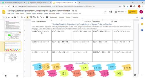 Solving Quadratic Equations by Completing the Square Color By Number ...