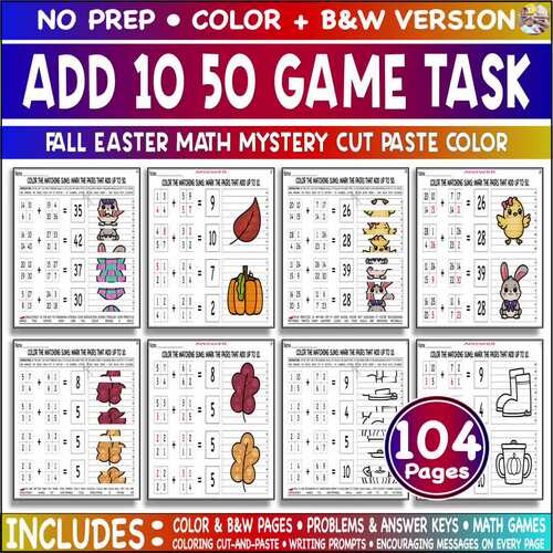 Math Add 10 50 Fall Easter Mystery Picture Cut Paste Color Game Activity