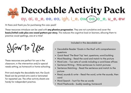 Long O Vowel Spelling Pattern 'oa' Decodable Activity Pack | TPT