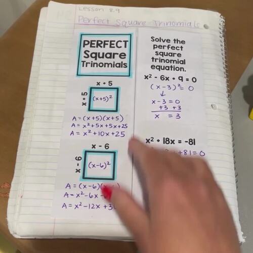 Algebra 1 - Perfect Square Trinomials; Factoring & Solving Interactive ...