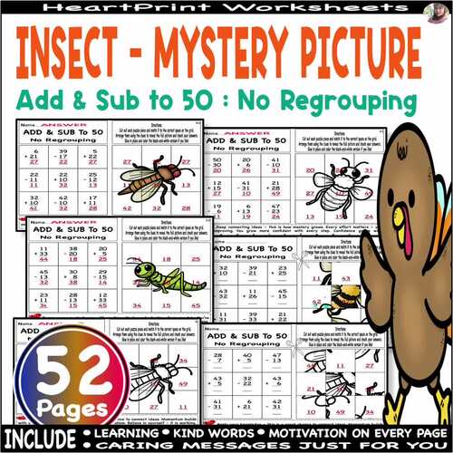No regrouping Addition & subtraction to 50 : mystery pictures fact ...