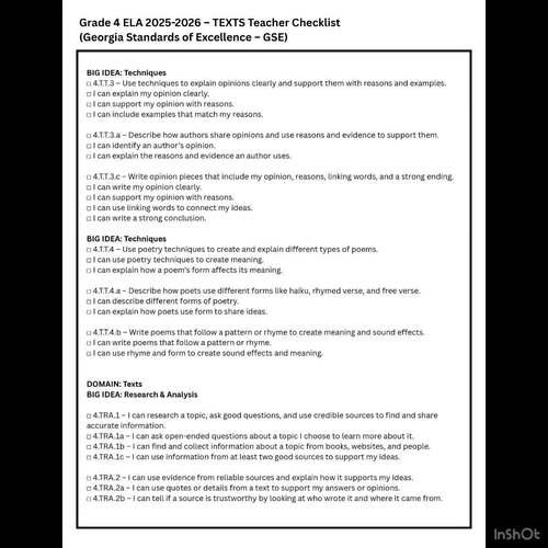 Grade 4 ELA I Can Posters + Teacher Checklist | NEW Georgia Standards 2025