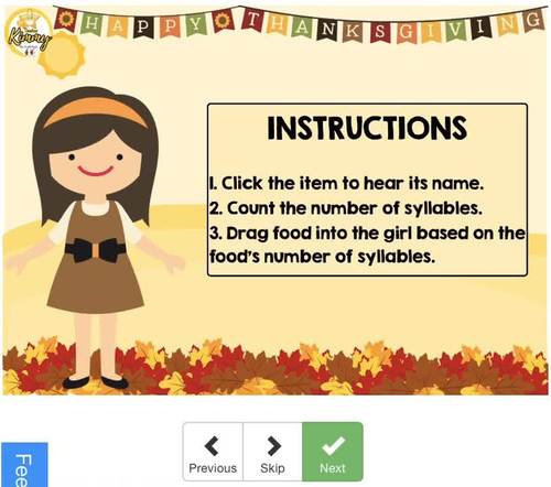 Thanksgiving Counting Syllables Phonological Segmentation Boom Cards