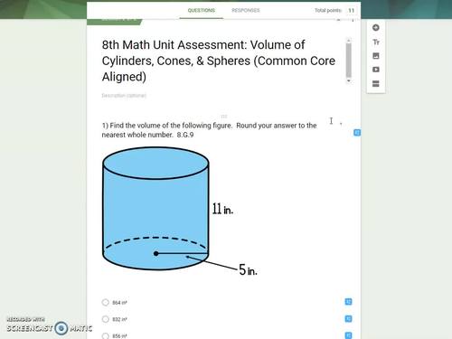 8th Math Google Quiz (Common Core)- Volume of Cones, Cylinders, & Spheres