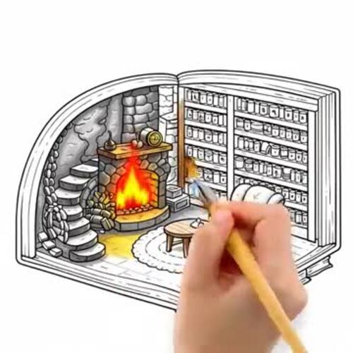 Cozy Magical Book Nook Coloring Pages | 50 Isometric Fantasy Rooms ...