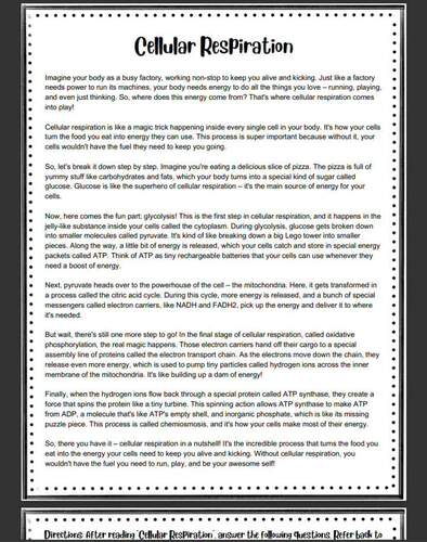 Cellular Respiration Reading Passage | Biology, Science Comprehension ...