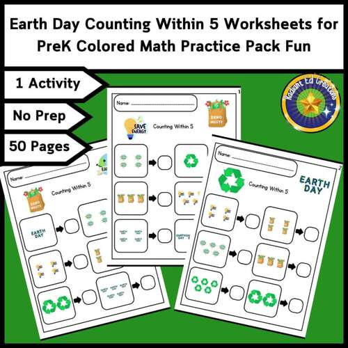 Earth Day Counting Within 5 Worksheets for PreK Colored Math Practice ...