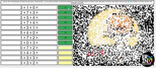 Addition with 3 Addends / Adding 3 Numbers Pixel Art Math Practice Pumpkins