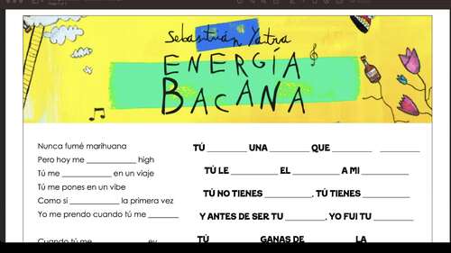 Sebastian Yatra - 'Energía Bacana' Spanish Cloze Song Sheet *WITH LYRIC ...