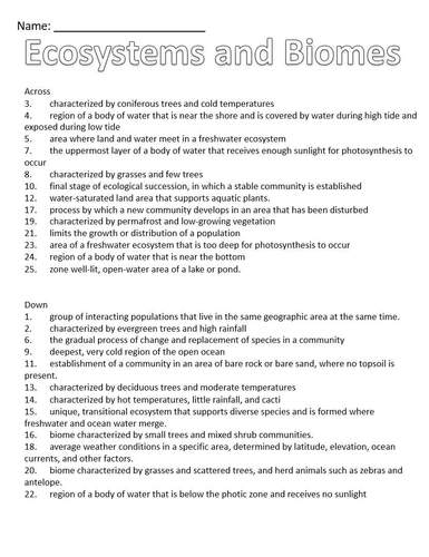 Ecosystems and Biomes Vocabulary Puzzle Biology by Secondary Science HQ