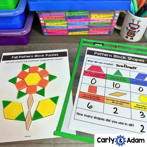 Pattern Block Puzzles STEM Task Card BUNDLE Spring, Summer, Fall/Autumn ...