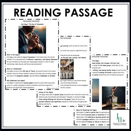 Yom Kipper Reading Comprehension Passage | No Prep Fall Activity ...