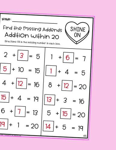Valentine Missing Addends to 20 | Candy Hearts Addition Equations No-Prep