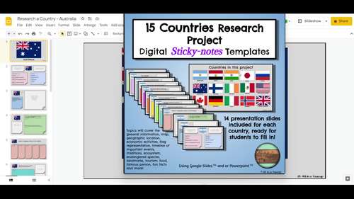 Country Research Project Digital Sticky-notes Templates for 15 ...