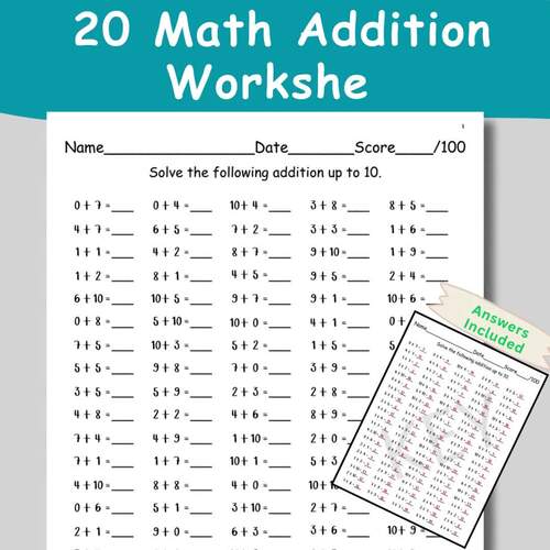 20 Printable Math addition Worksheets for Kindergarten - Fill in the Blanks