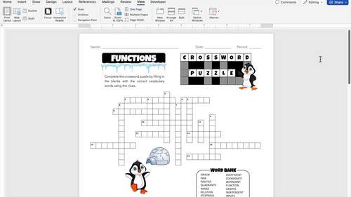 7th/8th Grade Math Fun Worksheet Winter Activity: Crossword (Functions)