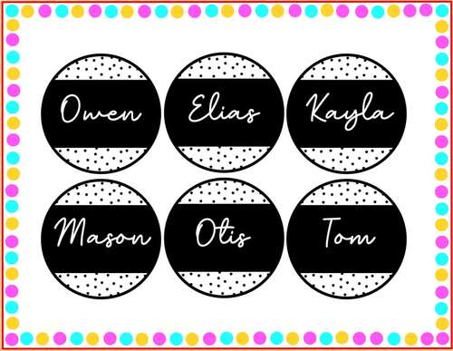 Printable Black and Bright Round Student Name Labels, Cubbies Labels, Tags