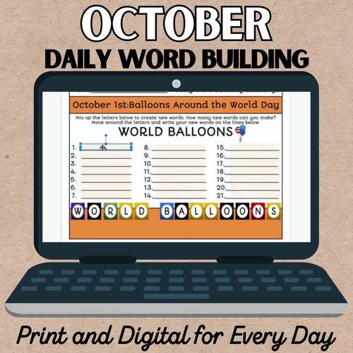 October Word Building Fun Activities Daily Print and Digital Word Work Game