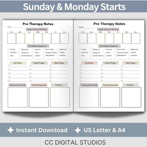 Pre Therapy Notes, Therapy Session Log, Mood Tracker, Therapy Overview