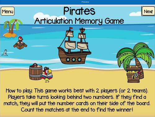 Pirate Articulation Memory Game Boom Cards Speech Therapy Matching Activity