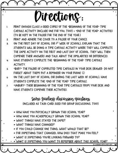 Time Capsule Beginning vs. End of School Year Activity and Discussion Cards