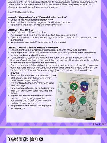 Mon monstre: FSL French Unit Plan by Easy Eh | TPT