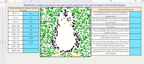 Digital Math Pixel Art Mystery Picture 5th Grade TEKS Dividing Decimals ...