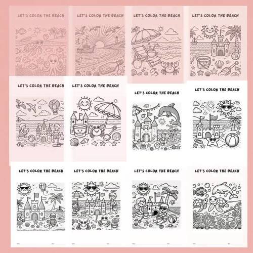 12 pages, Coloring the Beach, Printable Coloring Page by Wrapidea