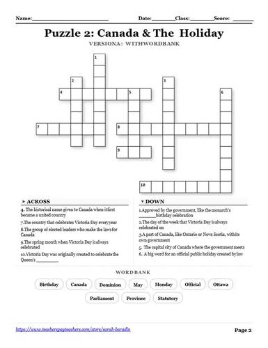 Victoria Day Pack 1 History Crossword Puzzle With Word Banks by Sarah ...