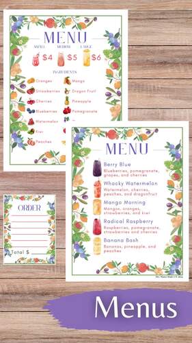 Smoothie Bar Pretend Play Printable Kit w/ Menus, Ingredients, Signs + More
