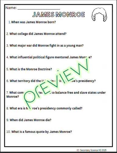 James Monroe Study Guide with Worksheet, PDF Coloring and Review Question