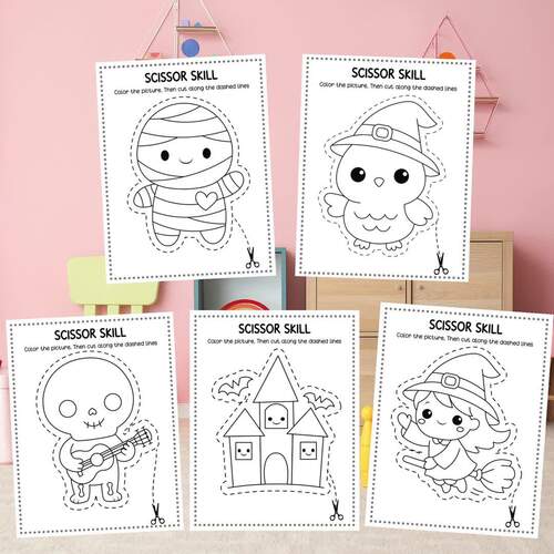 Halloween Scissor Skill Cutting Practice Worksheet Preschool Fine Motor ...