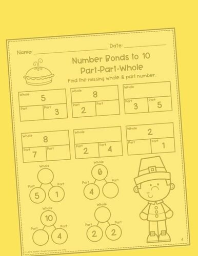 Thanksgiving Number Bonds to 10 Worksheets | Find the Missing Part and ...