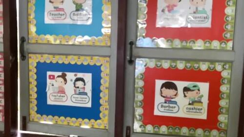 bulletin board is beautifully decorated with a cute and colorful design